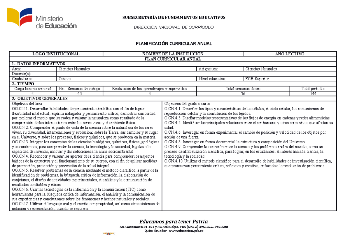 PCA CCNN 8 - PCA CCNN 8 - DIRECCIÓN NACIONAL DE CURRÍCULO PLANIFICACIÓN CURRICULAR ANUAL LOGO ...