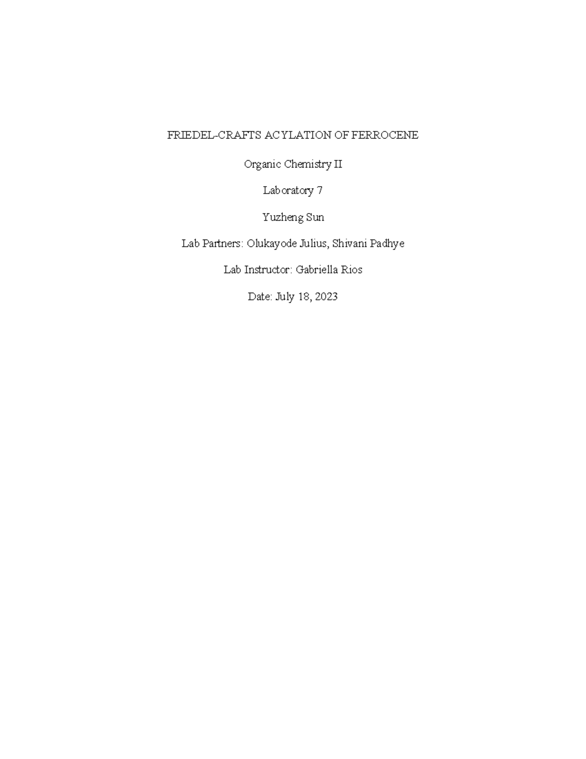 Orgo Ii Post Lab 7 Post Lab 7 Friedel Crafts Acylation Of Ferrocene Organic Chemistry Ii 