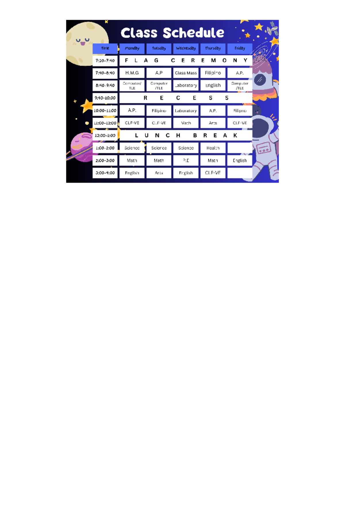 Class Schedule - M A Class Mass Filipino A. Computer Laboratory English ...