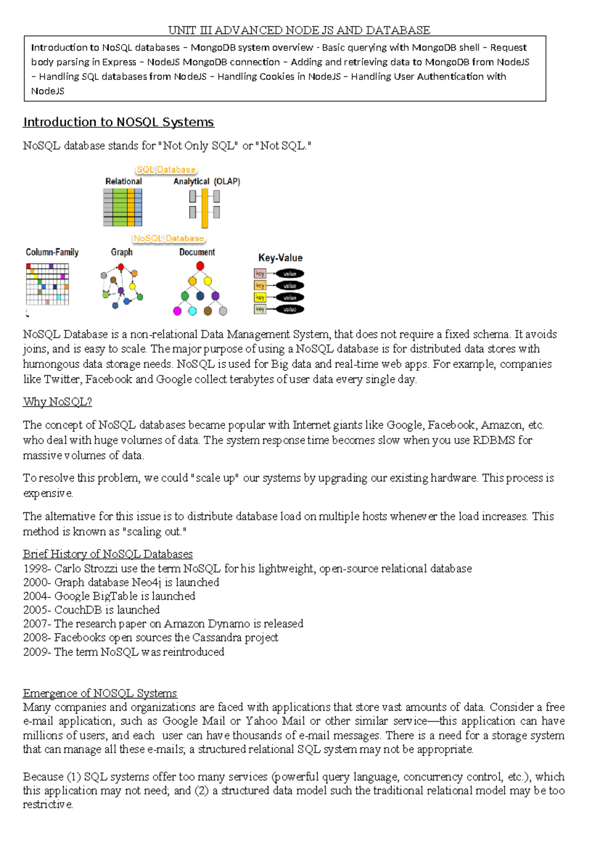 MC4201 Full stack III Unit - Advanced NODE JS and Database - UNIT III ADVANCED NODE JS AND ...