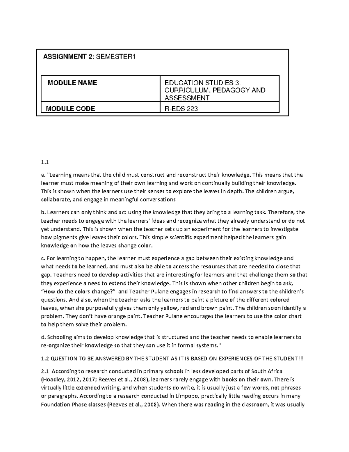 Assignment 2 R-EDS 223 solns - ASSIGNMENT 2: SEMESTER 1 MODULE NAME ...