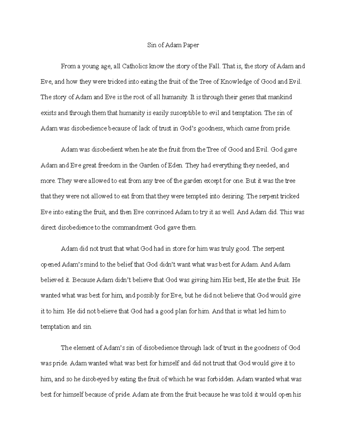 Sin of Adam Paper - Essay on the sin of Adam - Sin of Adam Paper From a ...
