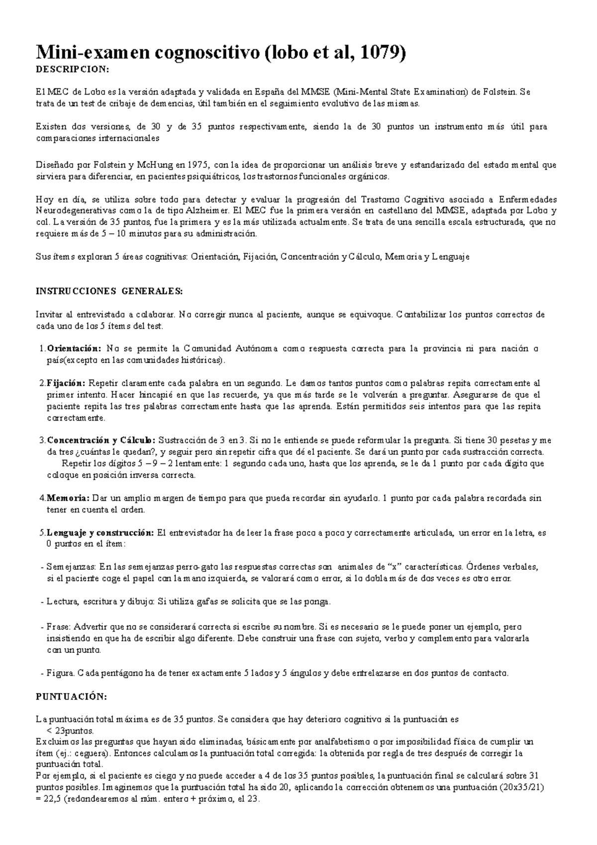 Escala minimental - Mini-examen cognoscitivo (lobo et al, 1079 ...