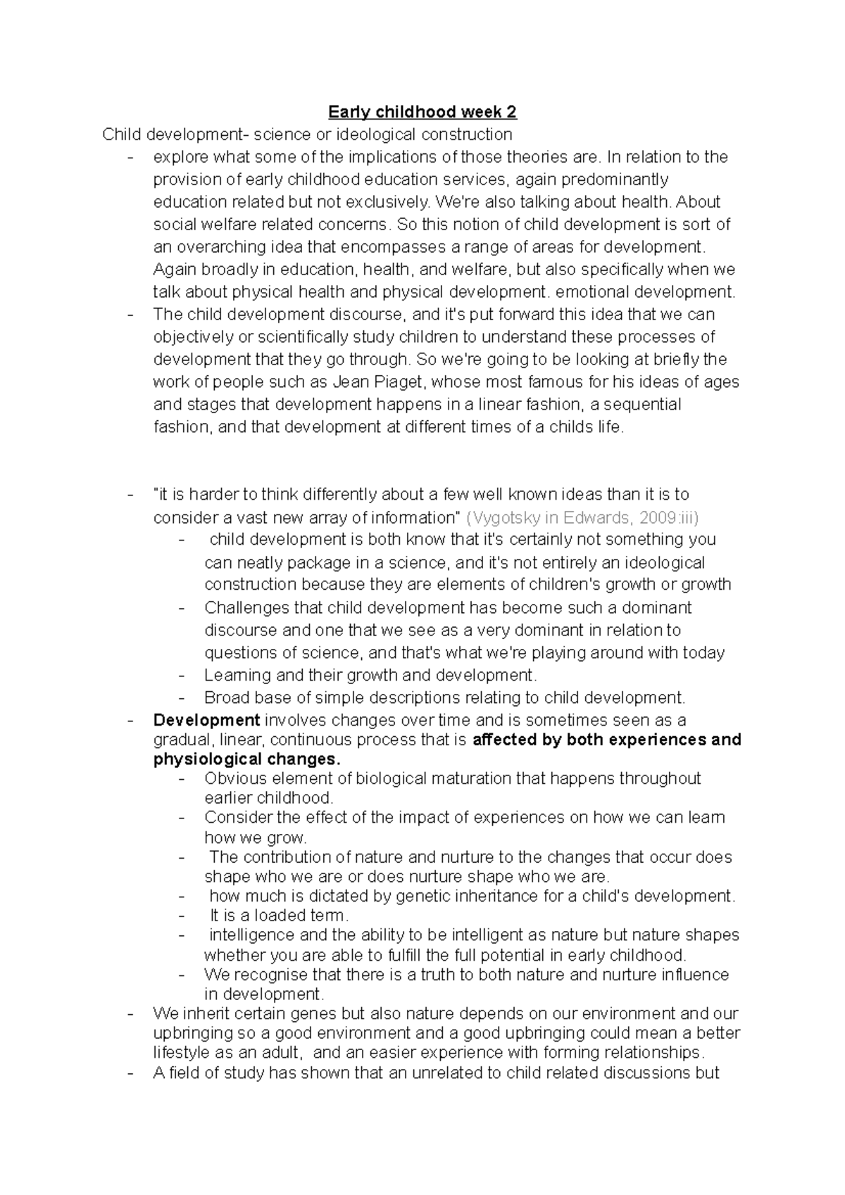 Early childhood week 2 - Lecture notes 2 - Early childhood week 2 Child ...