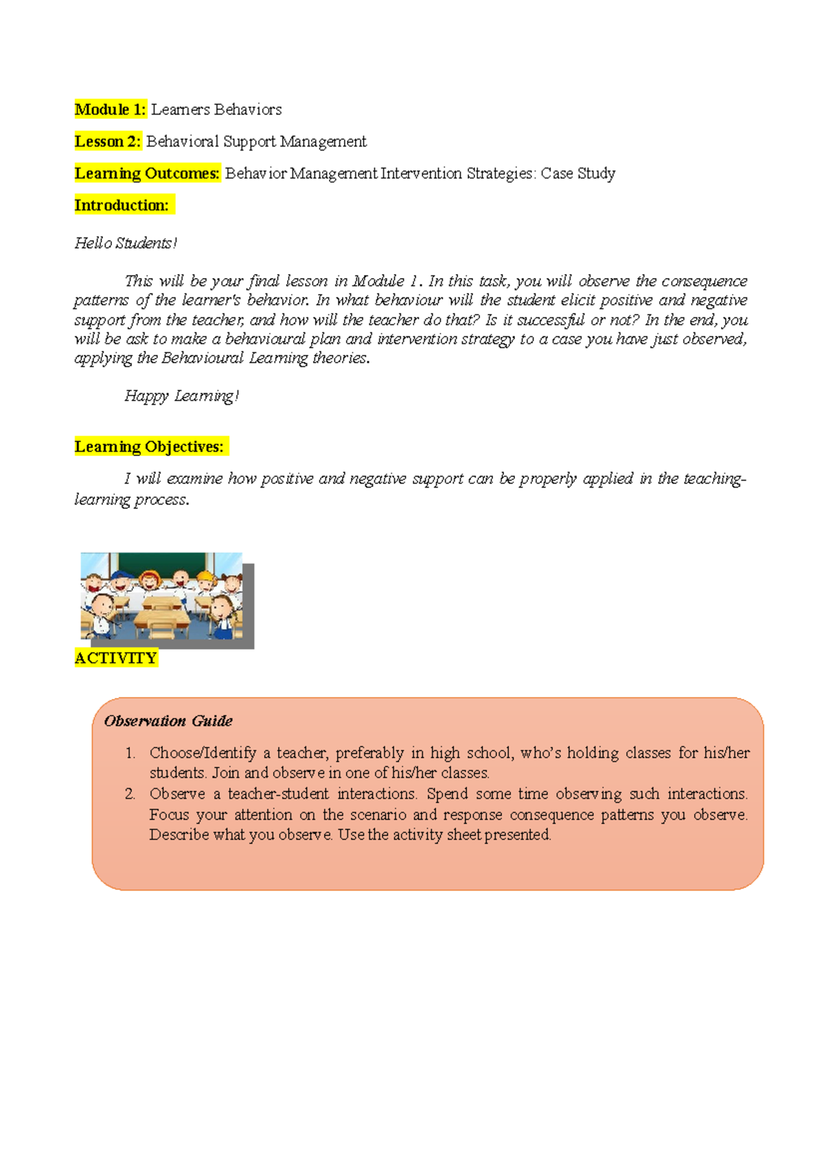 Module 1. Lesson 2 - ijsnxbsu - Module 1: Learners Behaviors Lesson 2: Behavioral Support ...