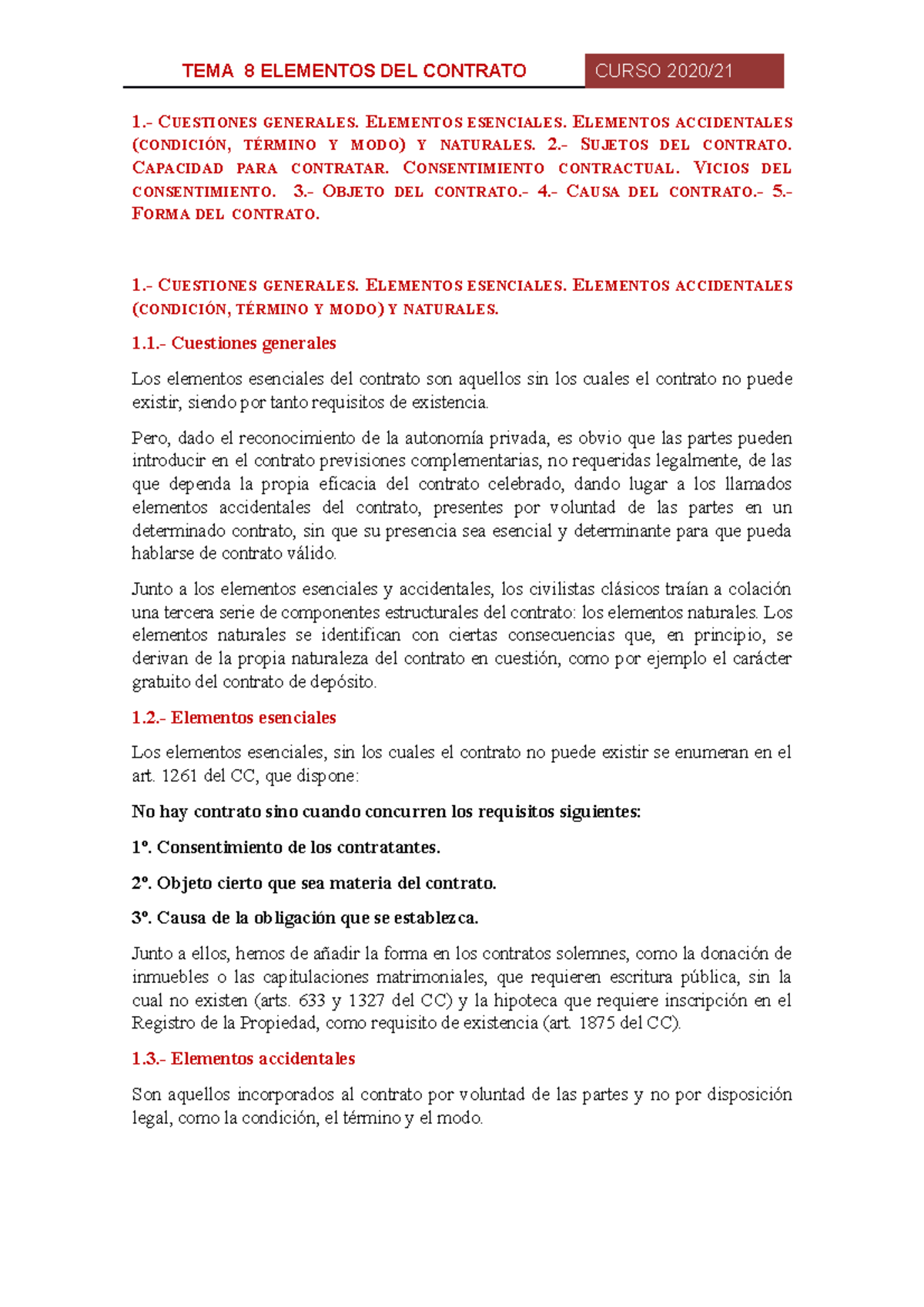 TEMA 8 Elementos DEL Contrato - 1.- CUESTIONES GENERALES. ELEMENTOS ...
