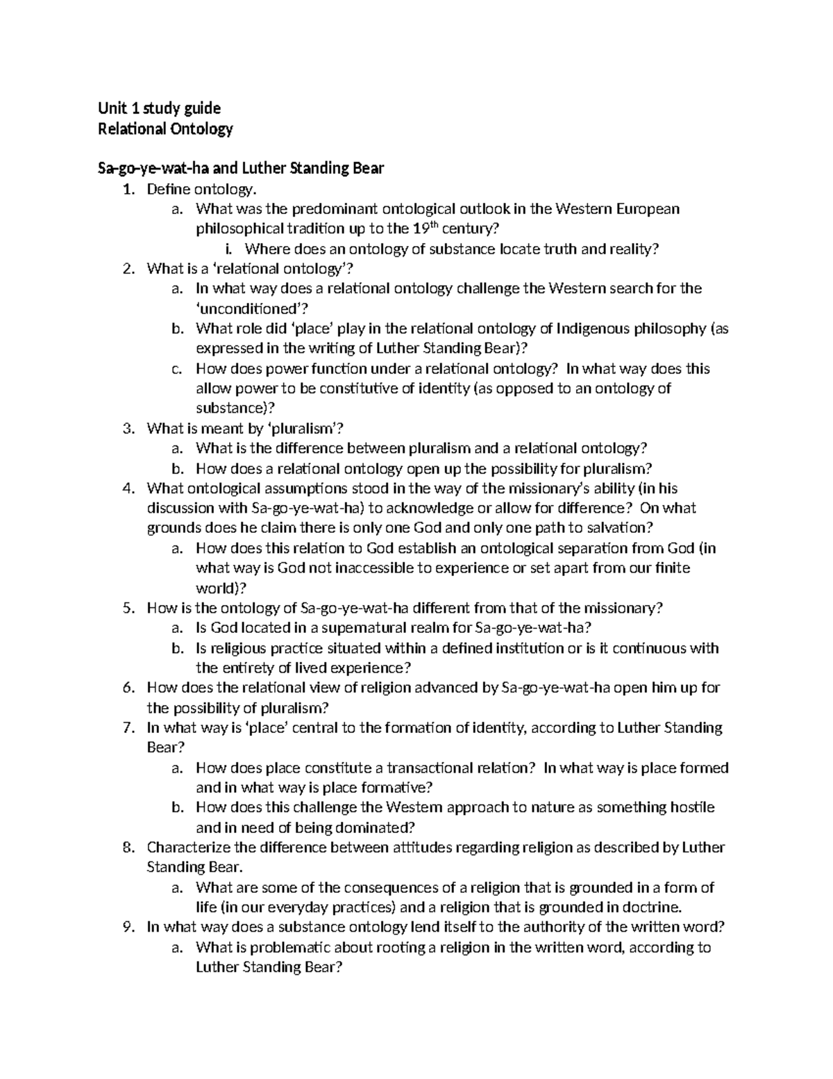 Unit 1 study guide - Unit 1 study guide Relational Ontology Sa-go-ye ...