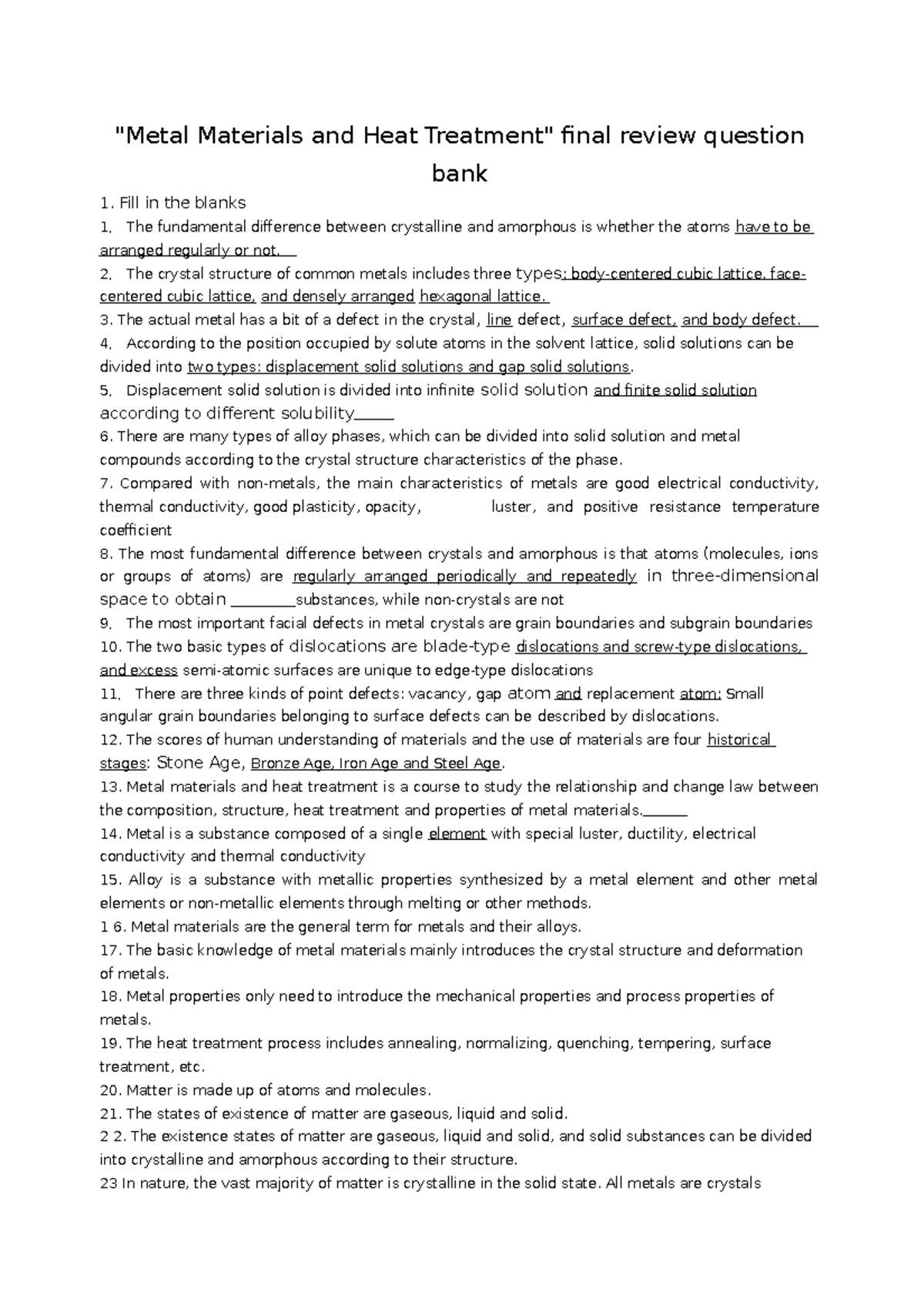 "Metal Materials and Heat Treatment" final review question bank ...