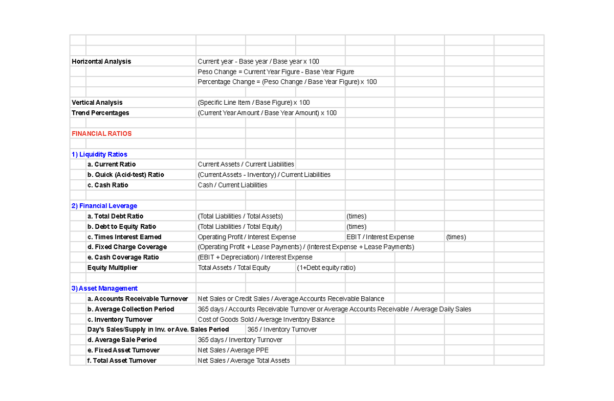 Financial Ratios and Cash Flow Analysis: List of Formulas - Horizontal ...