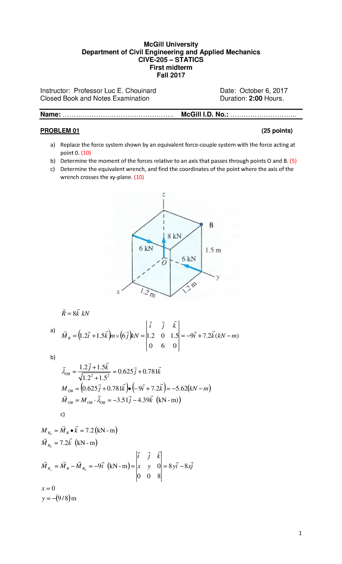 First Misterm- Solution 2017 - McGill University Department of Civil Engineering and Applied ...