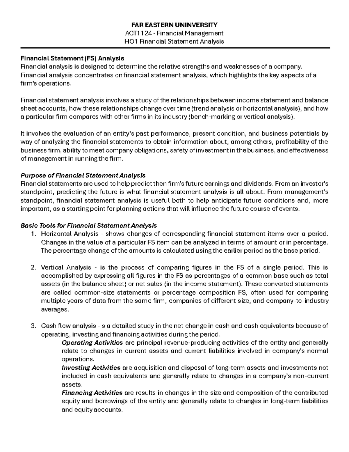 Finman FS Analysis - FAR EASTERN UNINVERSITY ACT1124 - Financial ...