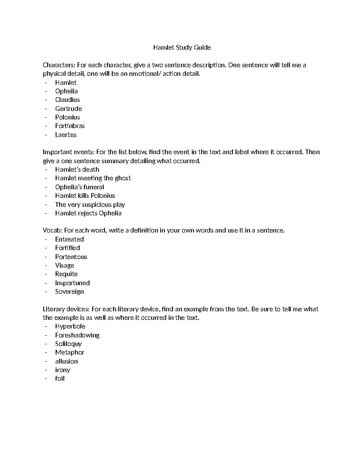 Hamlet Study Guide - n/a - Hamlet Study Guide Characters: For each ...