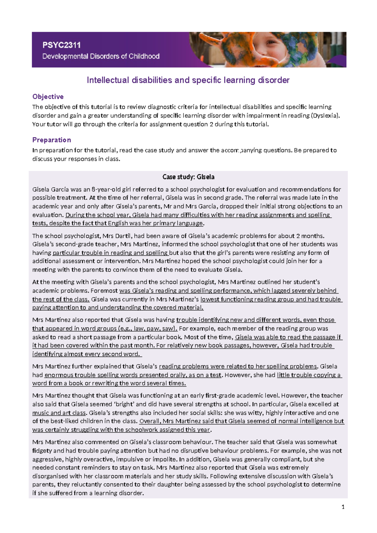 Tutorial Worksheet - Intellectual disabilities and specific learning ...