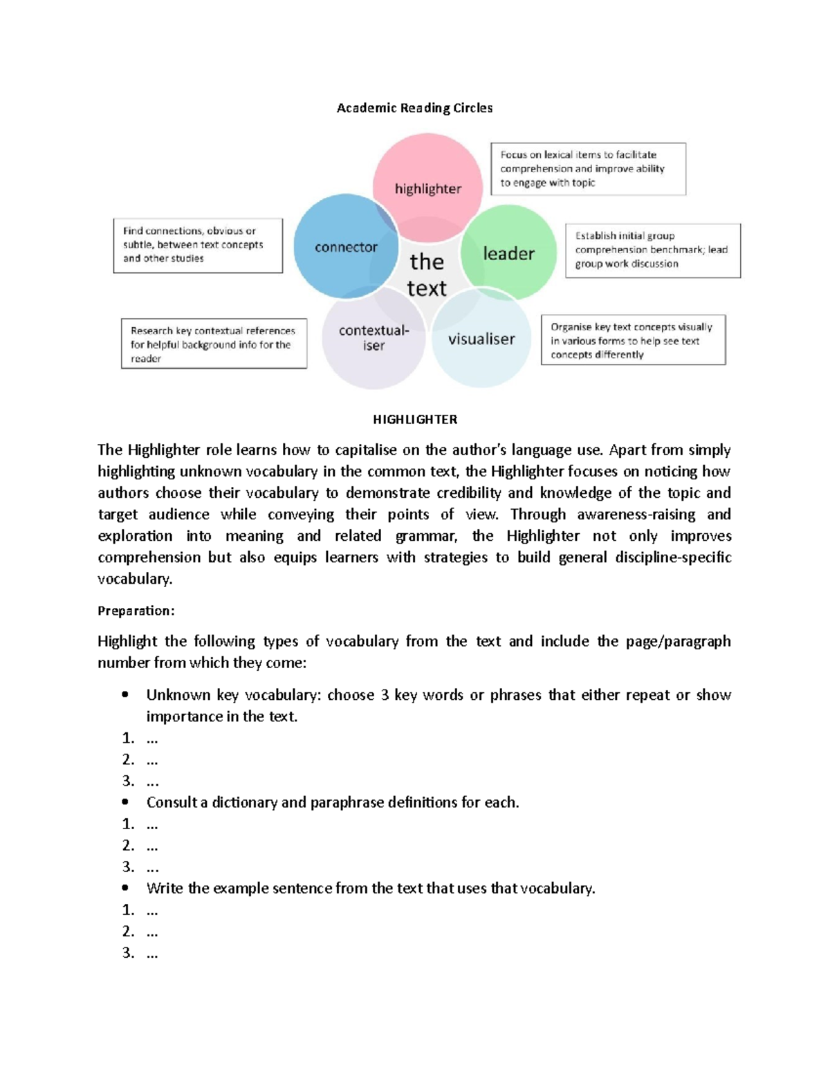 ARC roles Highlighter - Academic Reading Circles HIGHLIGHTER The Highlighter role learns how to ...