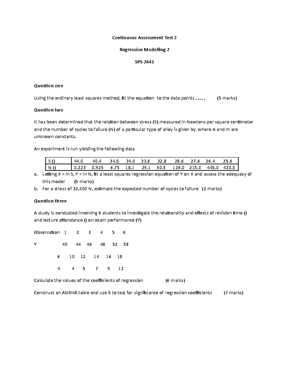 Cat 2 Regression modelling 2 - Continuous Assessment Test 2 Regression ...