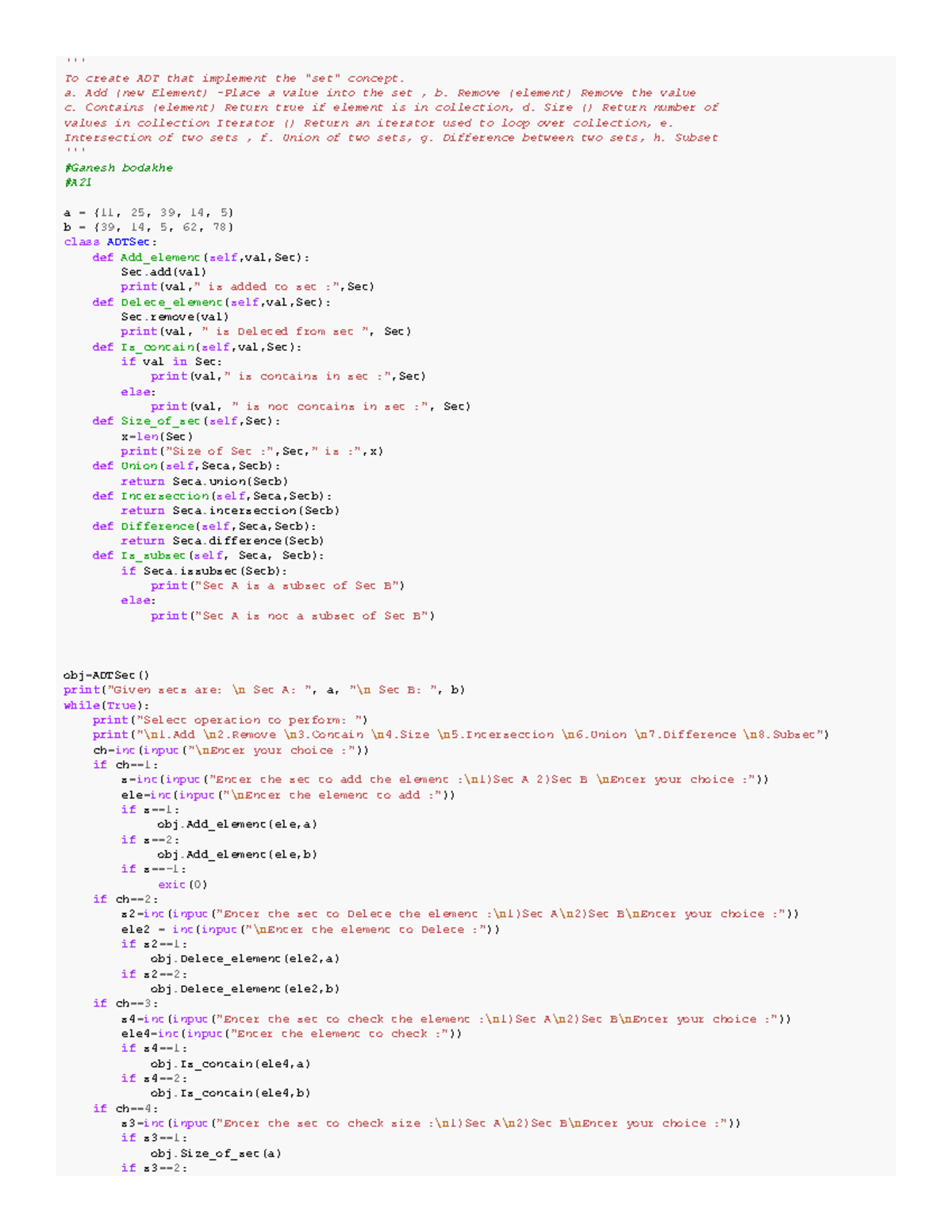 A21 DSA ASMT-2 - A21 DSA ASMT-1 - ''' To create ADT that implement the "set" concept. a. - Studocu