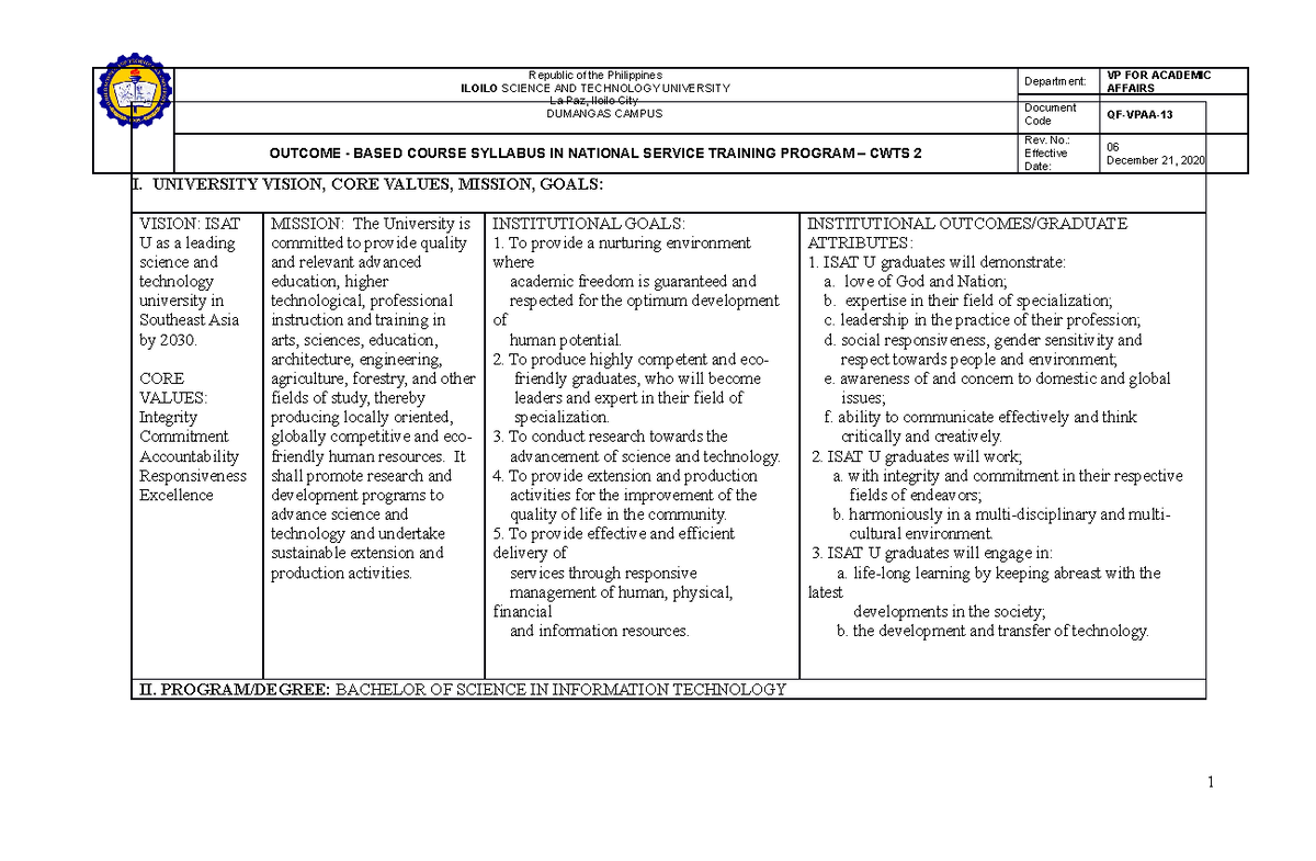 NSTP 2 Syllabus Pacardo - I. UNIVERSITY VISION, CORE VALUES, MISSION ...