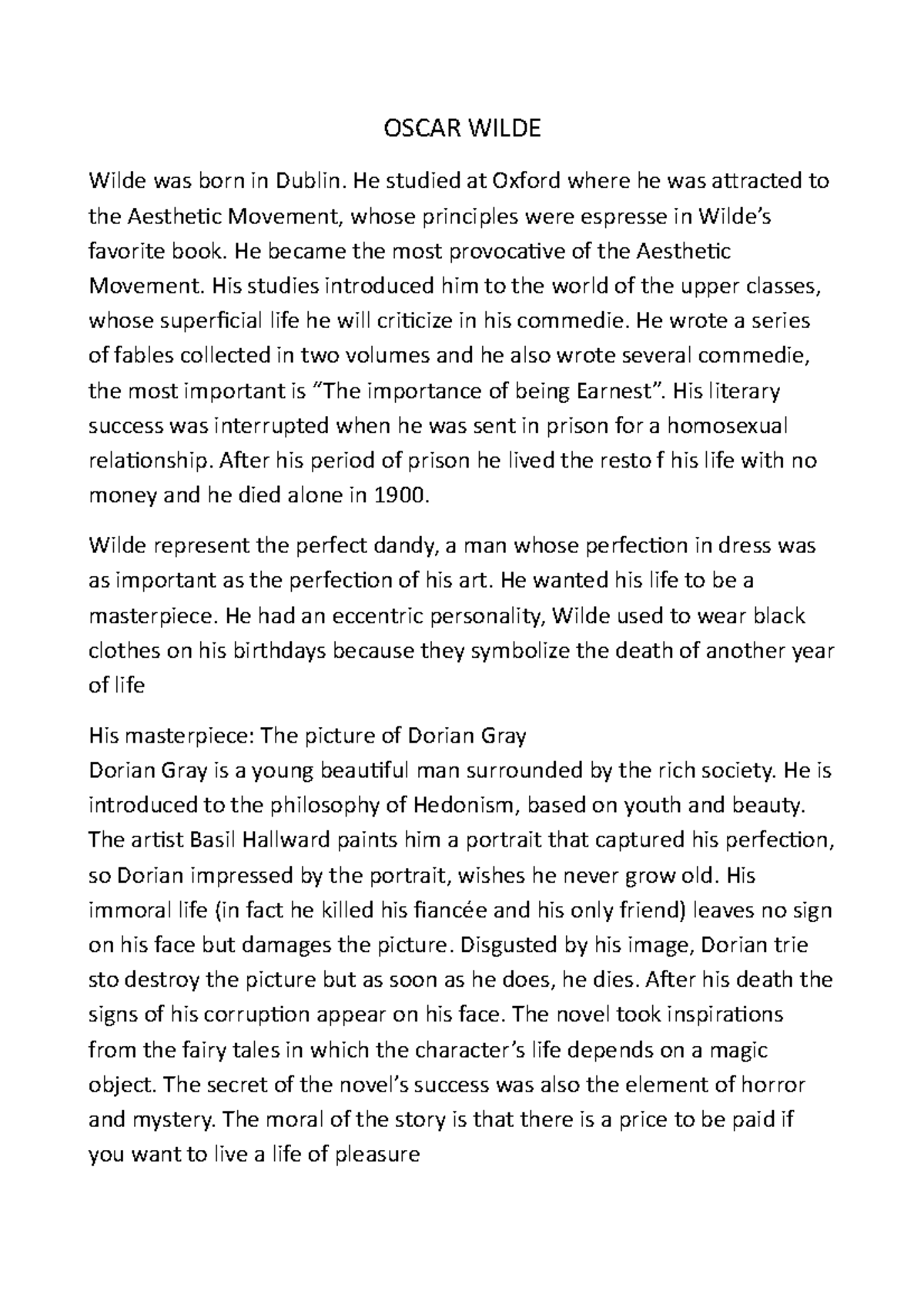 Oscar Wilde - OSCAR WILDE Wilde was born in Dublin. He studied at ...