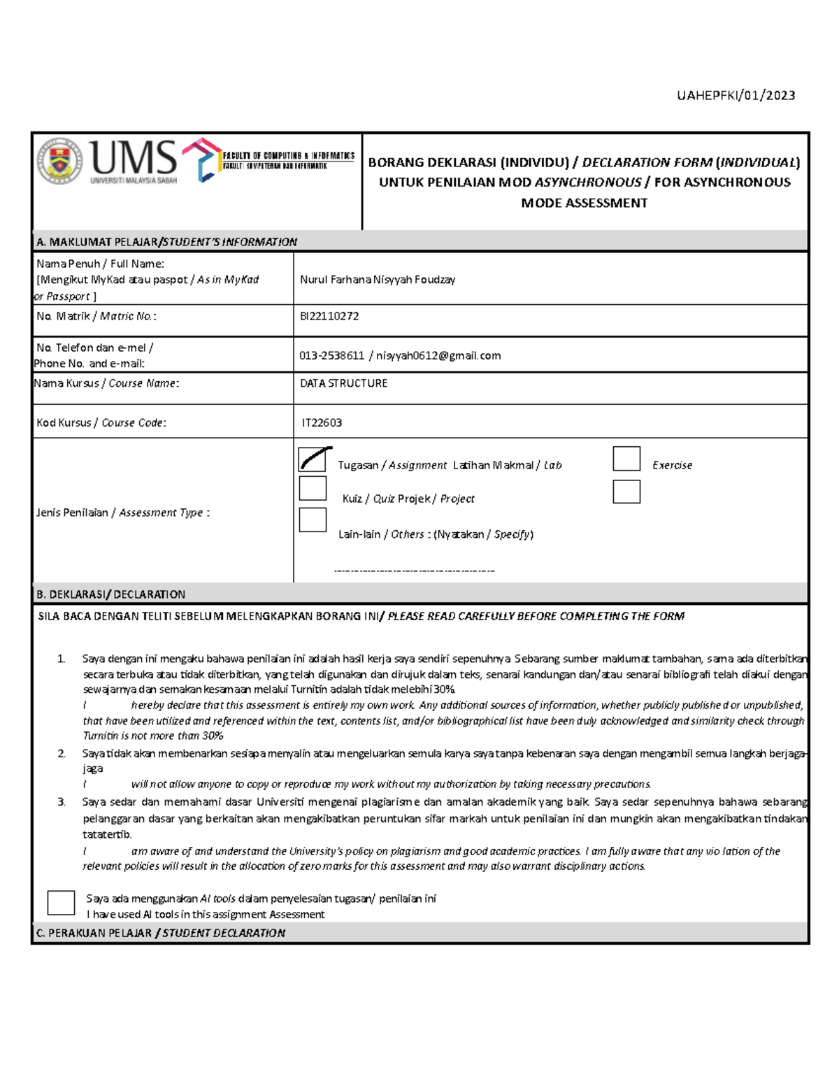 Borang Deklarasi (Individu) - UAHEPFKI/01/ BORANG DEKLARASI (INDIVIDU ...