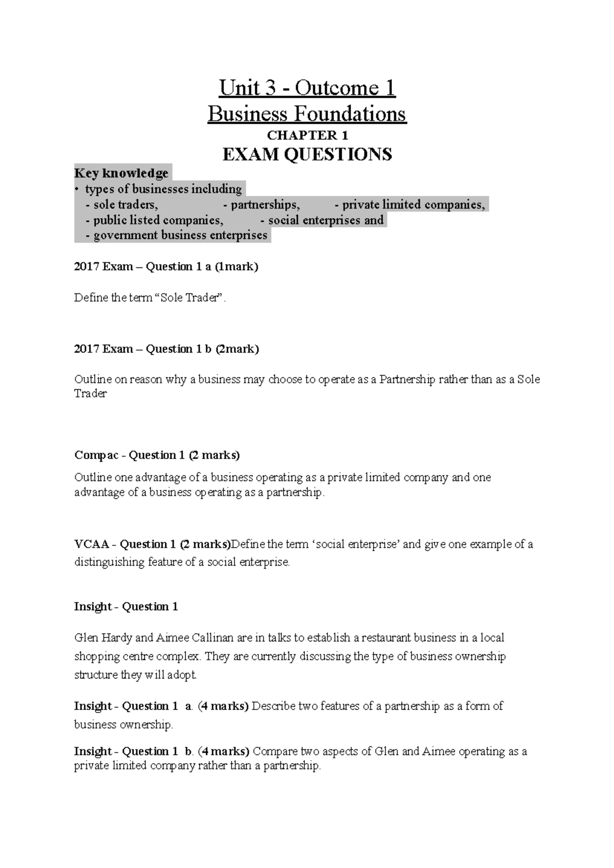 All chapter 1 2 3 - exam questions - Unit 3 - Outcome 1 Business ...