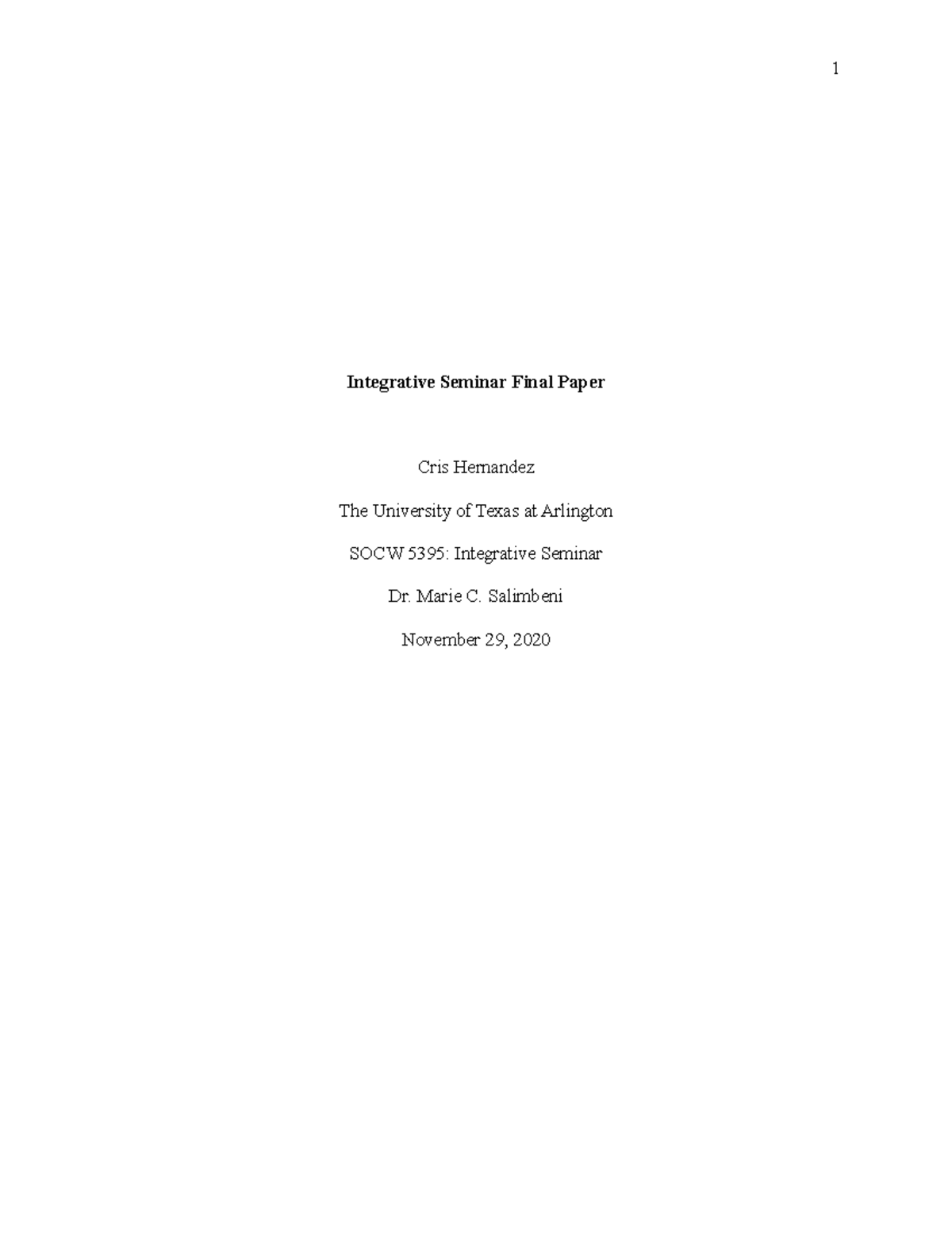 Integrative Seminar Final Paper - Marie C. Salimbeni November 29, 2020 Integrative Seminar Final ...