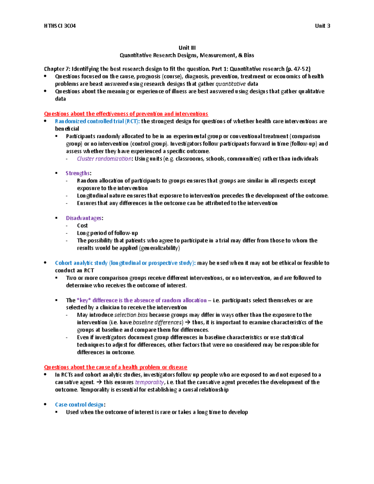 Summary - unit 3-5 readings - HTHSCI 3C04 Unit 3 Unit Quantitative ...