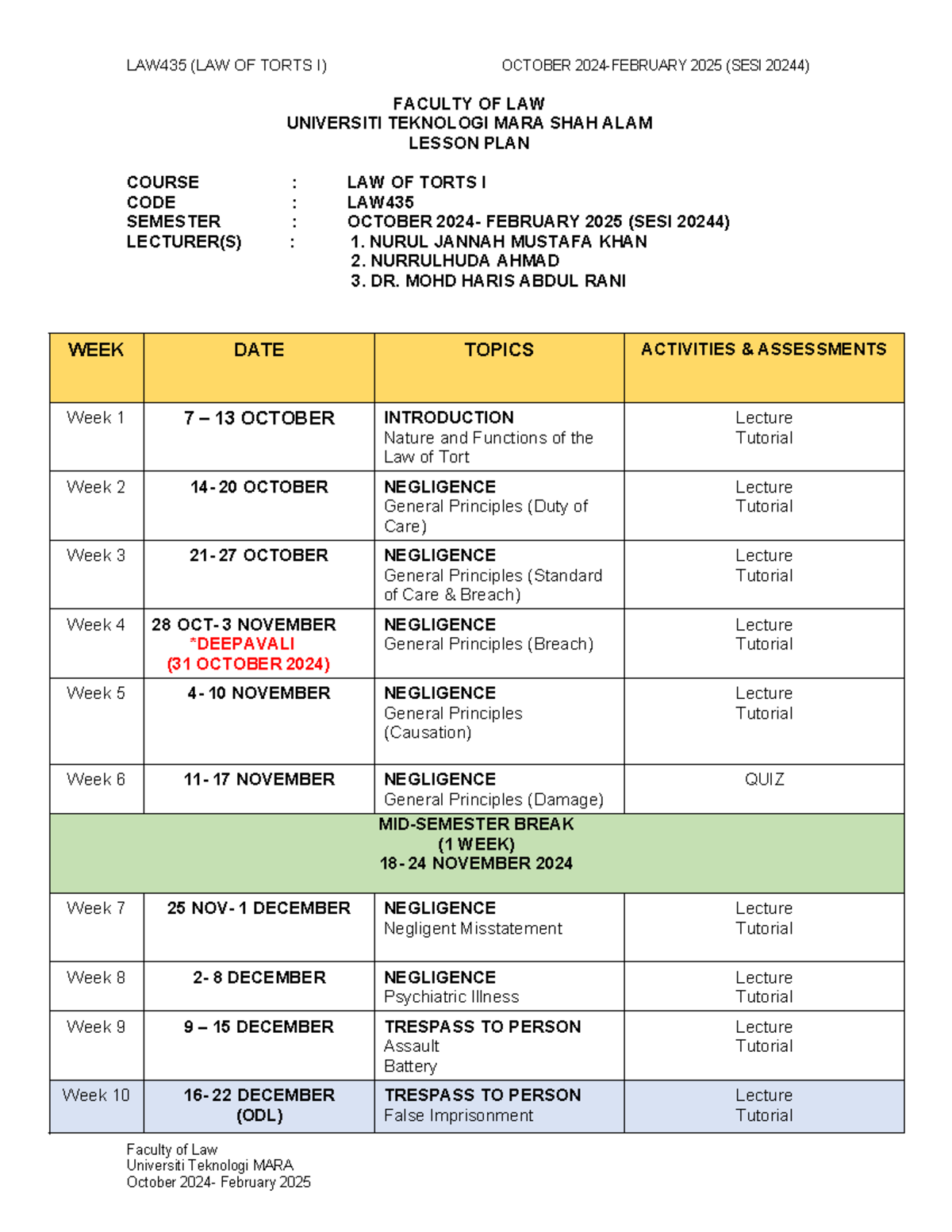 LAW435 Lesson PLAN FOR SEM OCT 2024- FEB 2025 (SESI 20244) - LAW435 ...