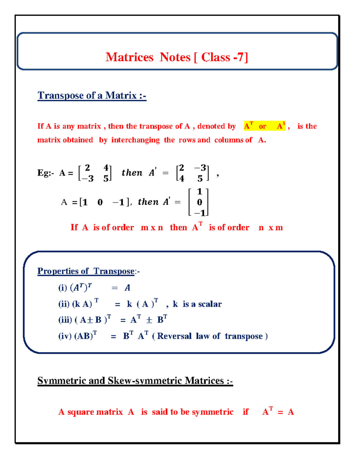 Matrix 07 Matrix Matrices Notes Class 7 Transpose Of A Matrix If A Is Any Matrix