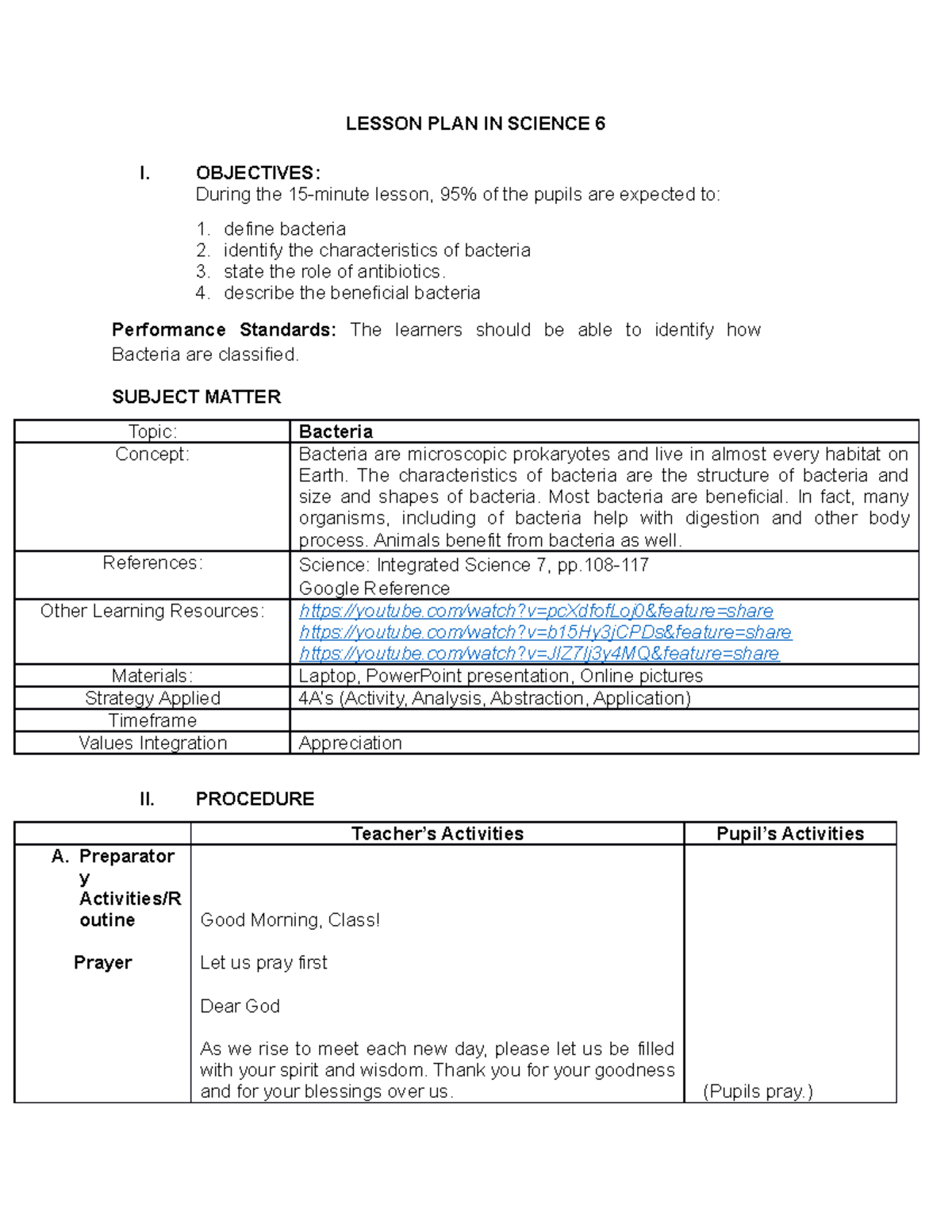 Lesson PLAN IN Science 6 - LESSON PLAN IN SCIENCE 6 I. OBJECTIVES ...