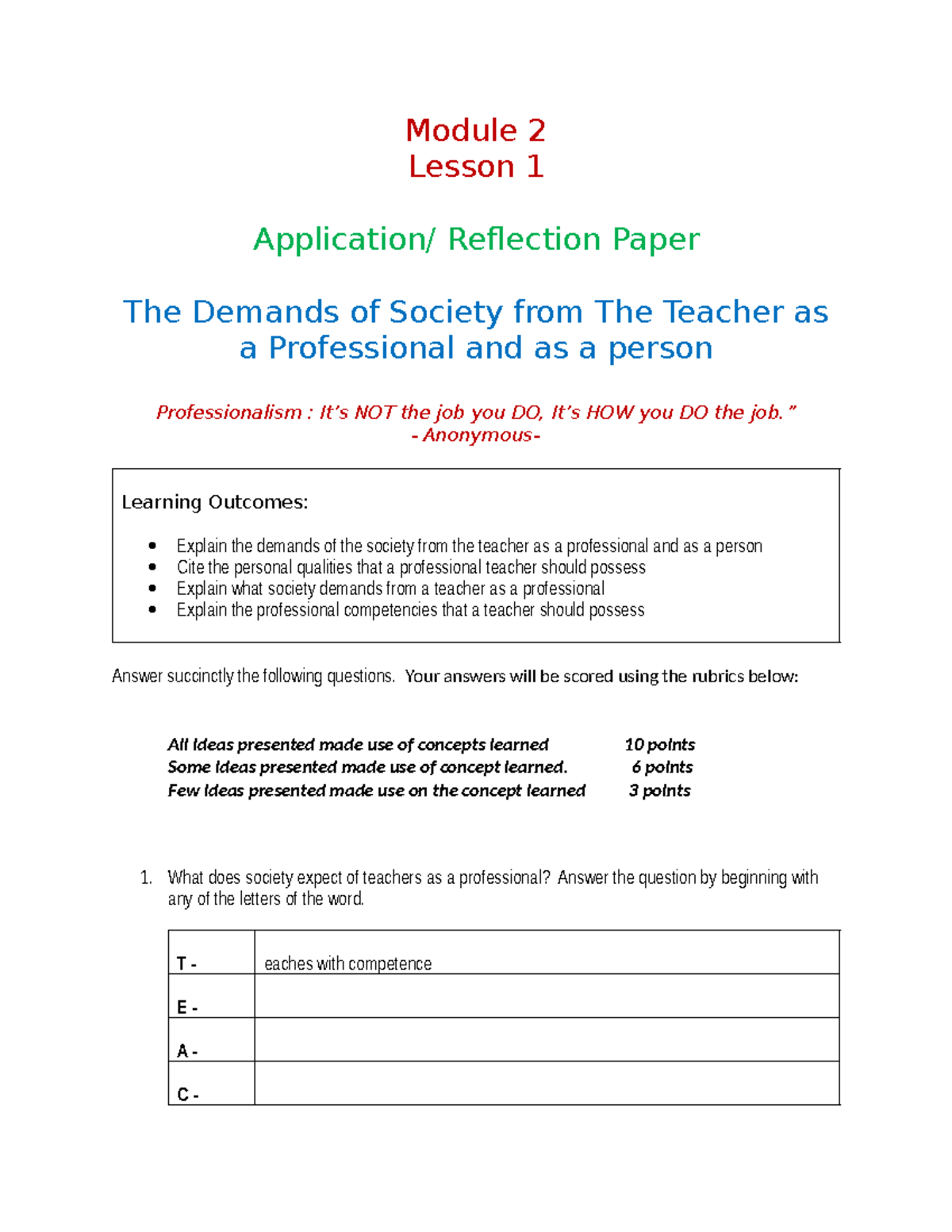 Module 2 Lesson 1 Reflection Paper - Module 2 Lesson 1 Application/ Reflection Paper The Demands ...