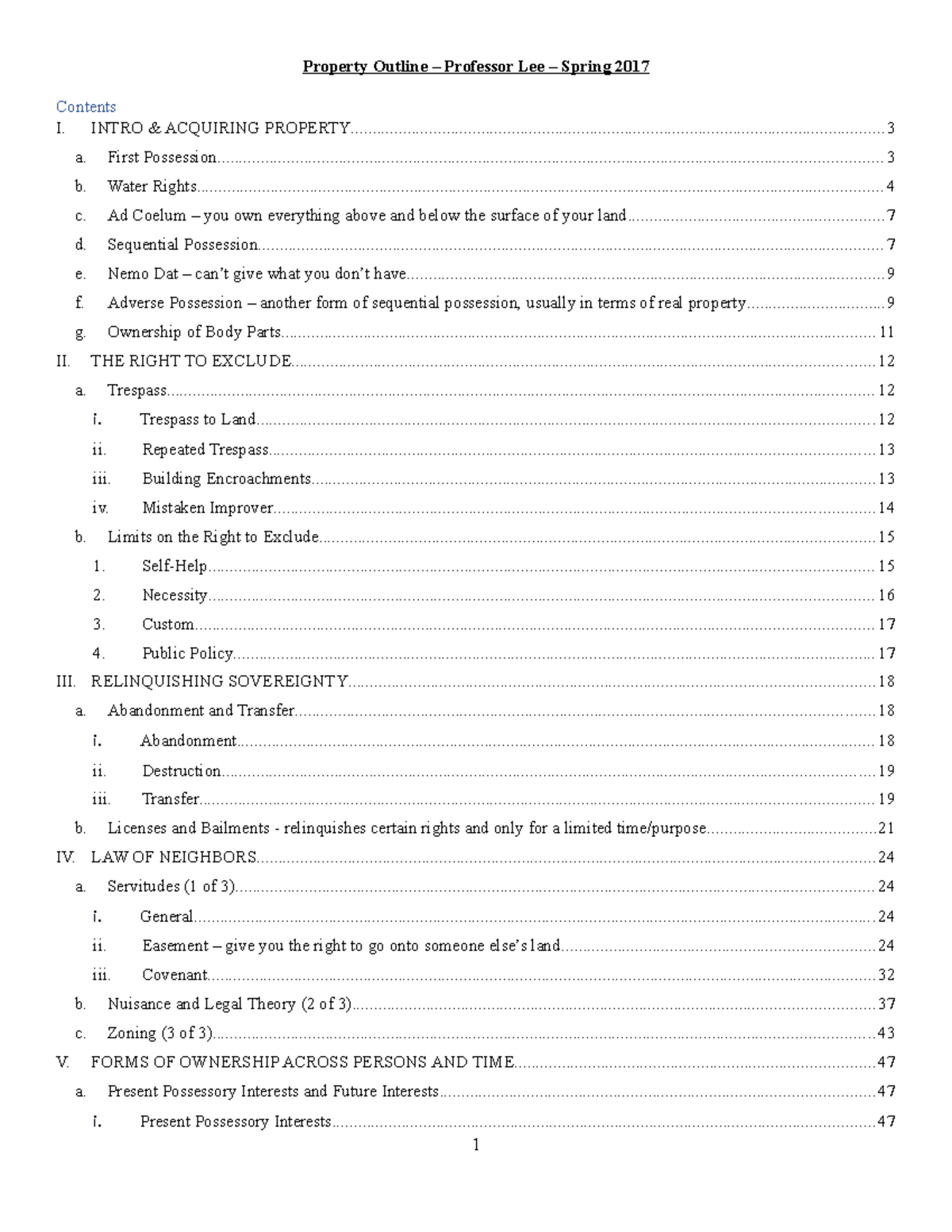 PROPERTY Outline all issues from course - Contents - **Property Outline ...