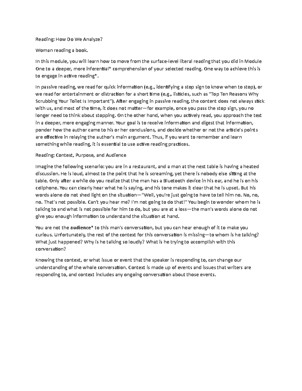 Reading - notes - Reading: How Do We Analyze? Woman reading a book. In ...