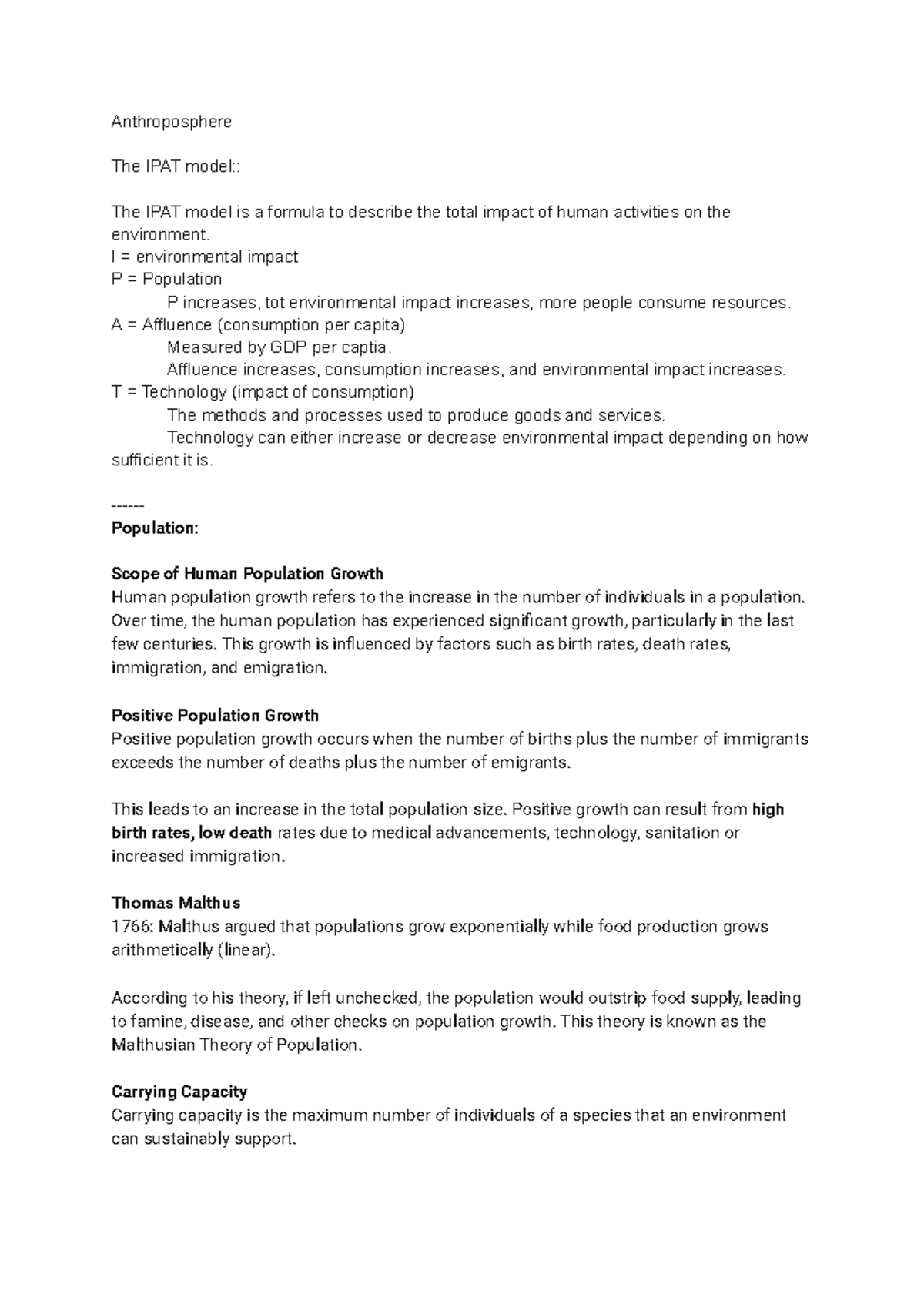 EVS 1101 notes ch 2 for midterm - Anthroposphere The IPAT model:: The ...