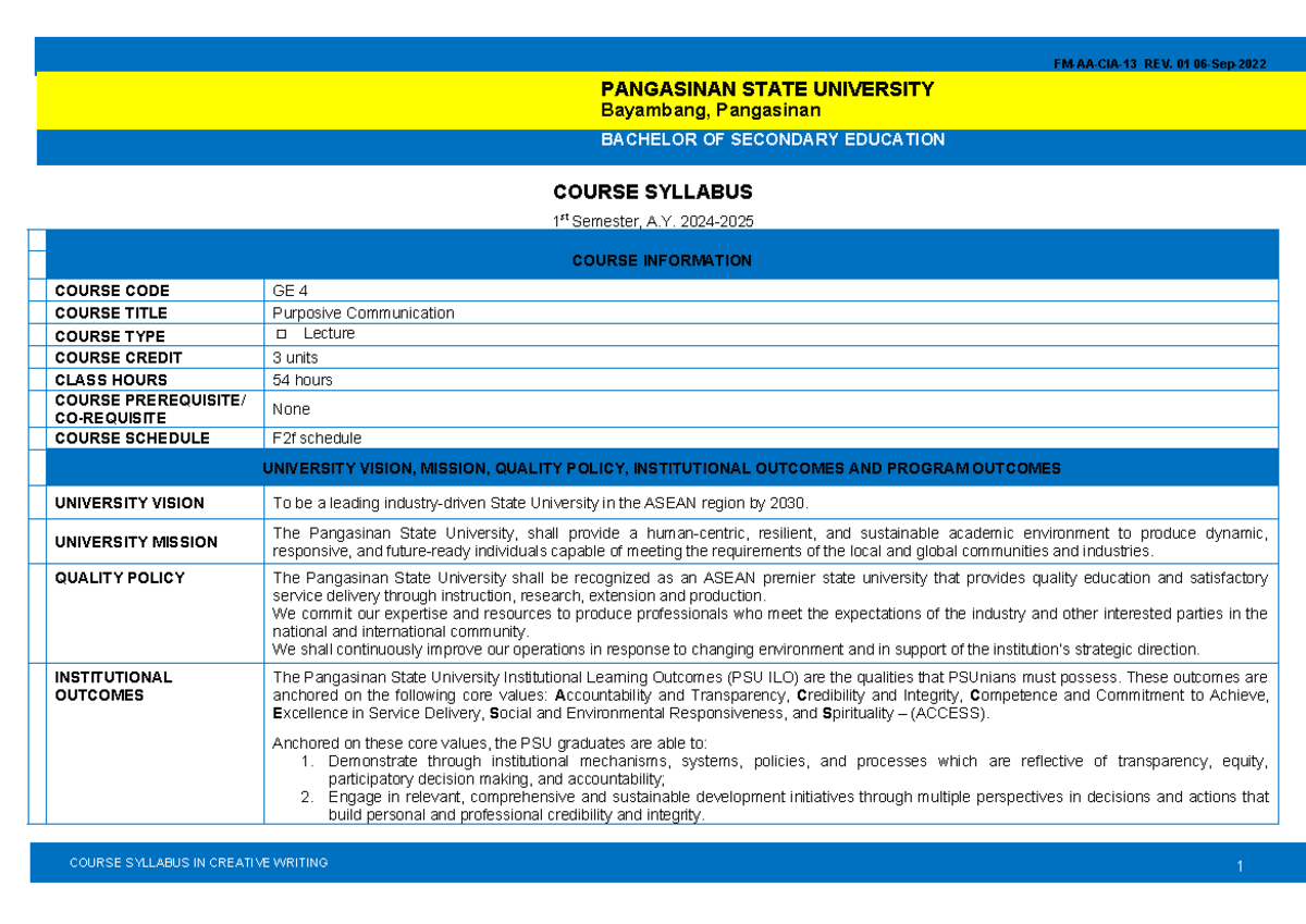 Syllabus Purposive - Summarized - COURSE SYLLABUS IN CREATIVE WRITING ...