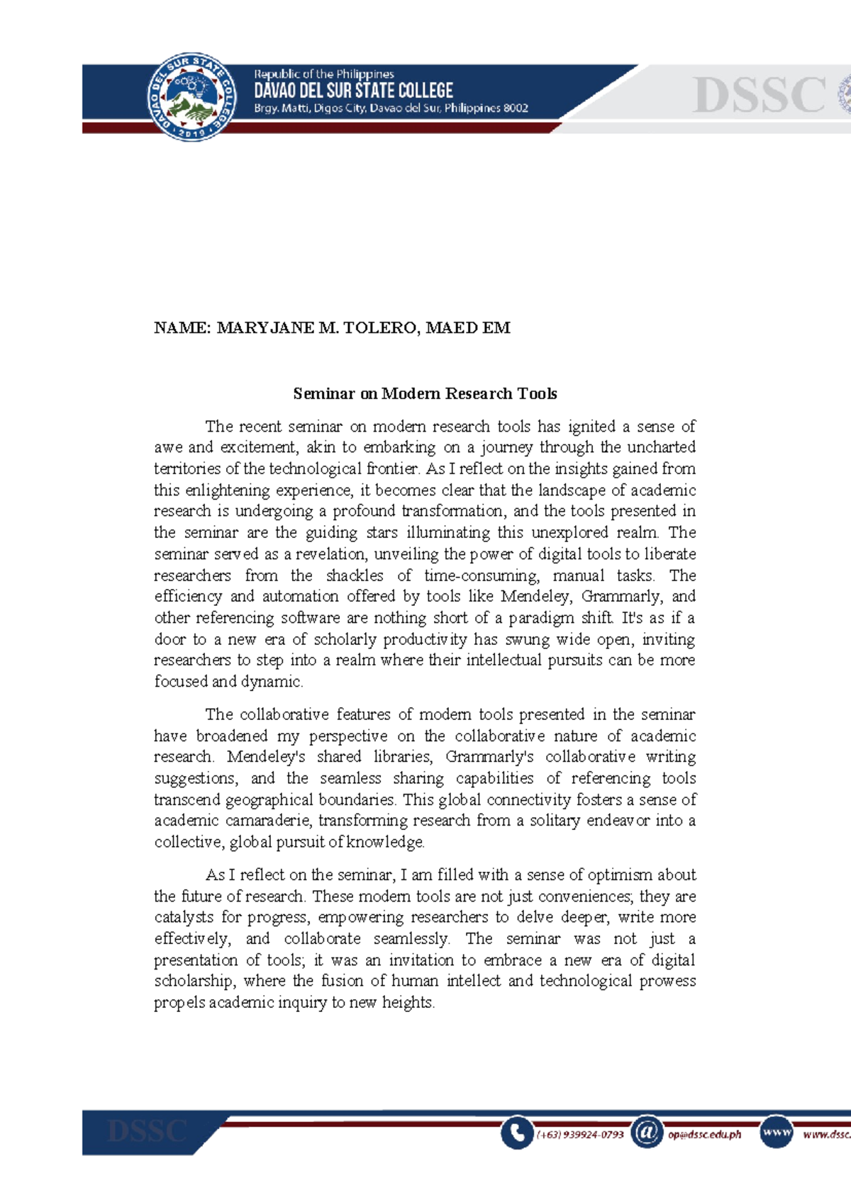 Seminar ON Modern Research Tools - NAME: MARYJANE M. TOLERO, MAED EM ...