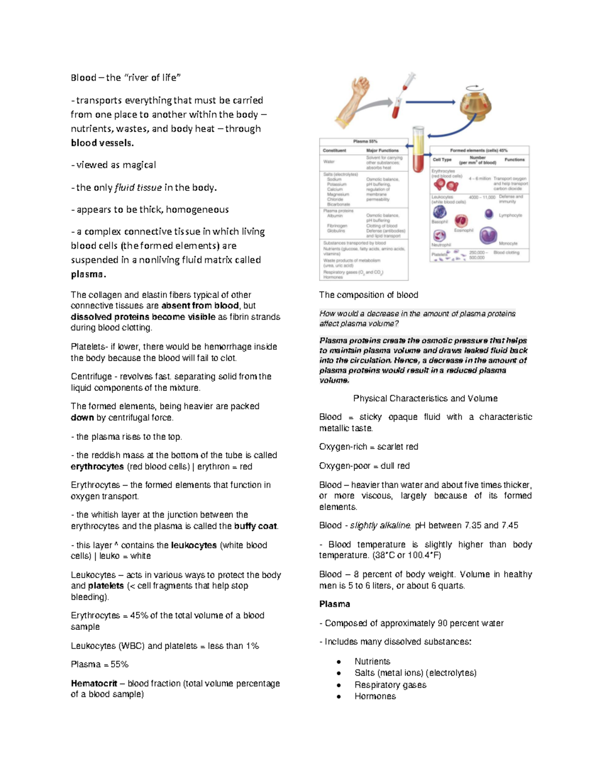 Blood notes - Blood – the “river of life” transports everything that ...