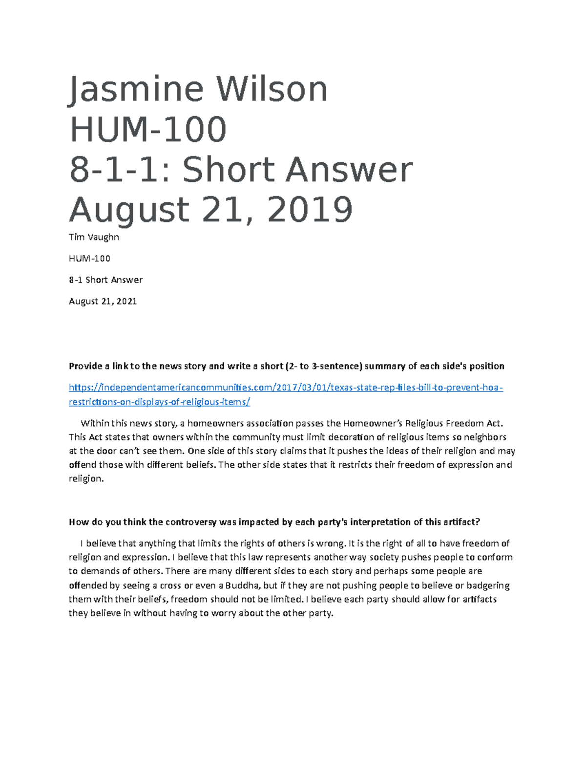 HUM 100 8-1 Short Answer - Jasmine Wilson HUM- 8-1-1: Short Answer ...