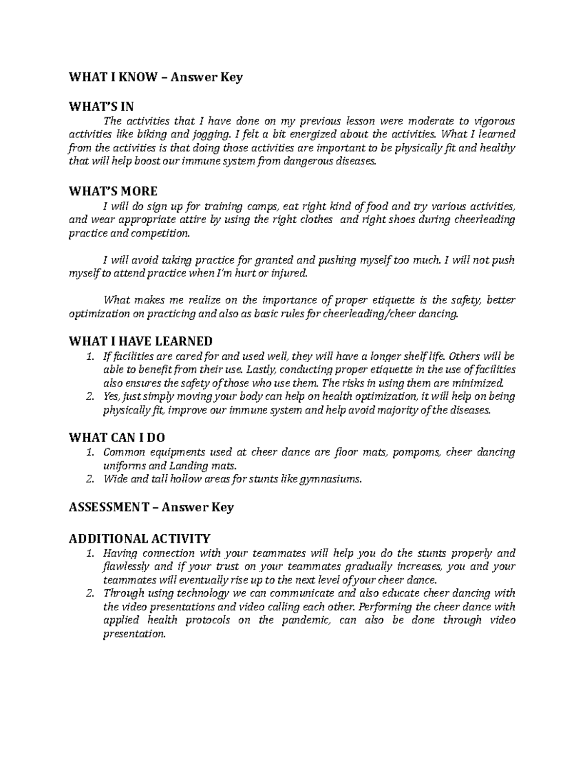 PE Module 2 - Lecture notes 2 - WHAT I KNOW – Answer Key WHAT’S IN The ...