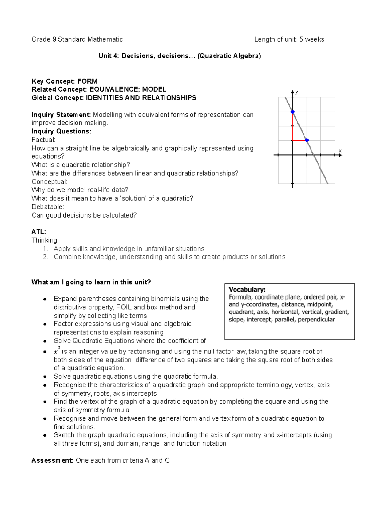 G9 Std Student Planner Unit 4 Quadratic Algebra (June 2021) - Grade 9 ...