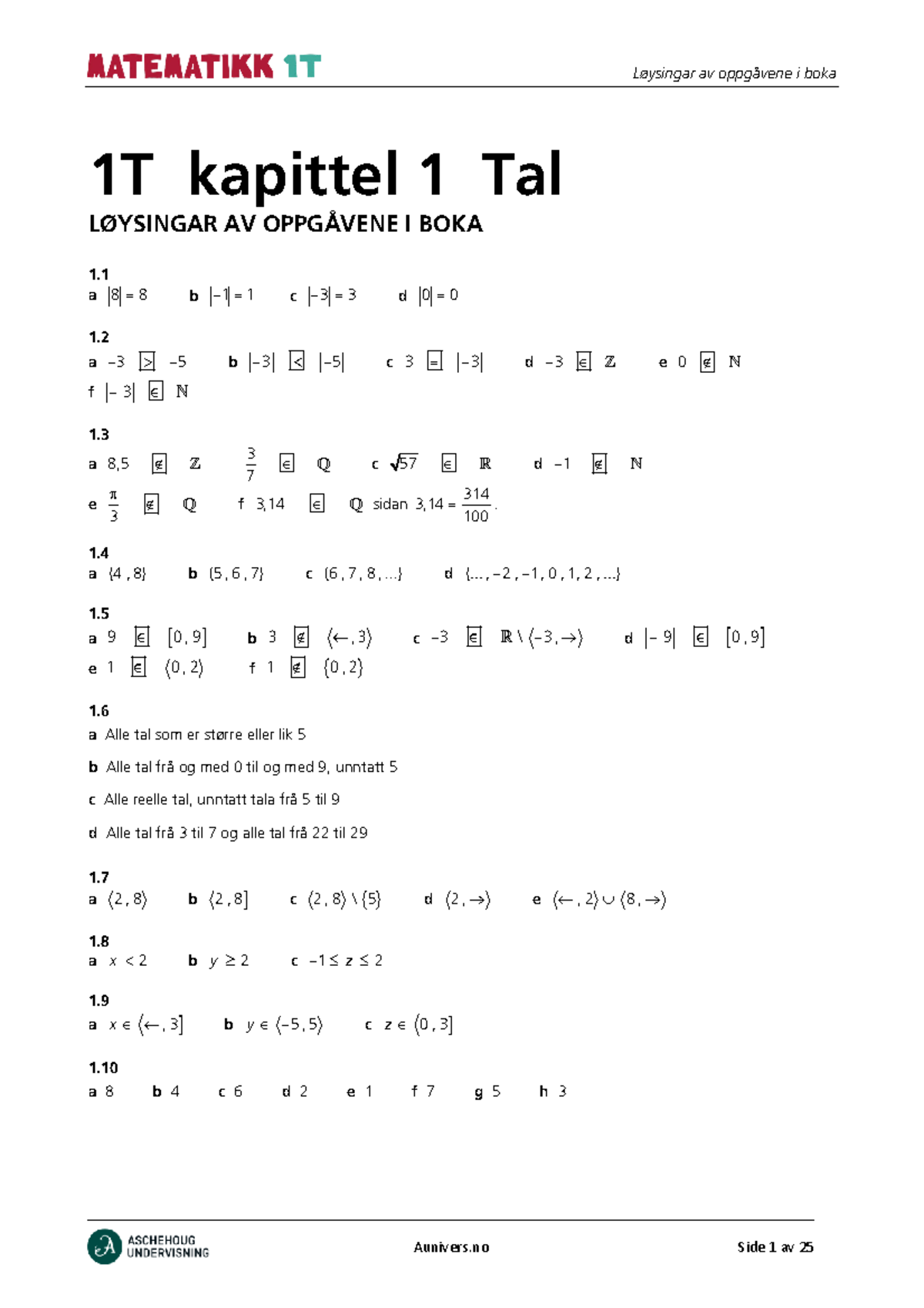 Løysingsforslag kap. 1 A universe-bok - 1T kapittel 1 Tal LØYSINGAR AV ...