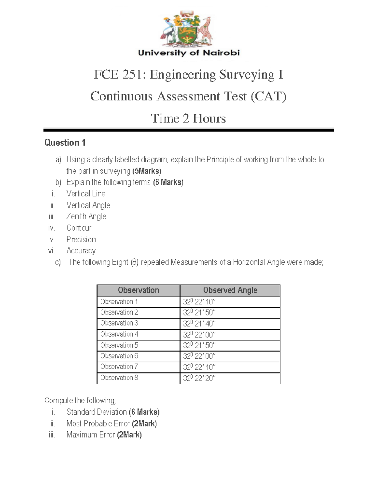 FCE 251 CAT 2018 - Engineering survey - FCE 251: Engineering Surveying I Continuous Assessment ...