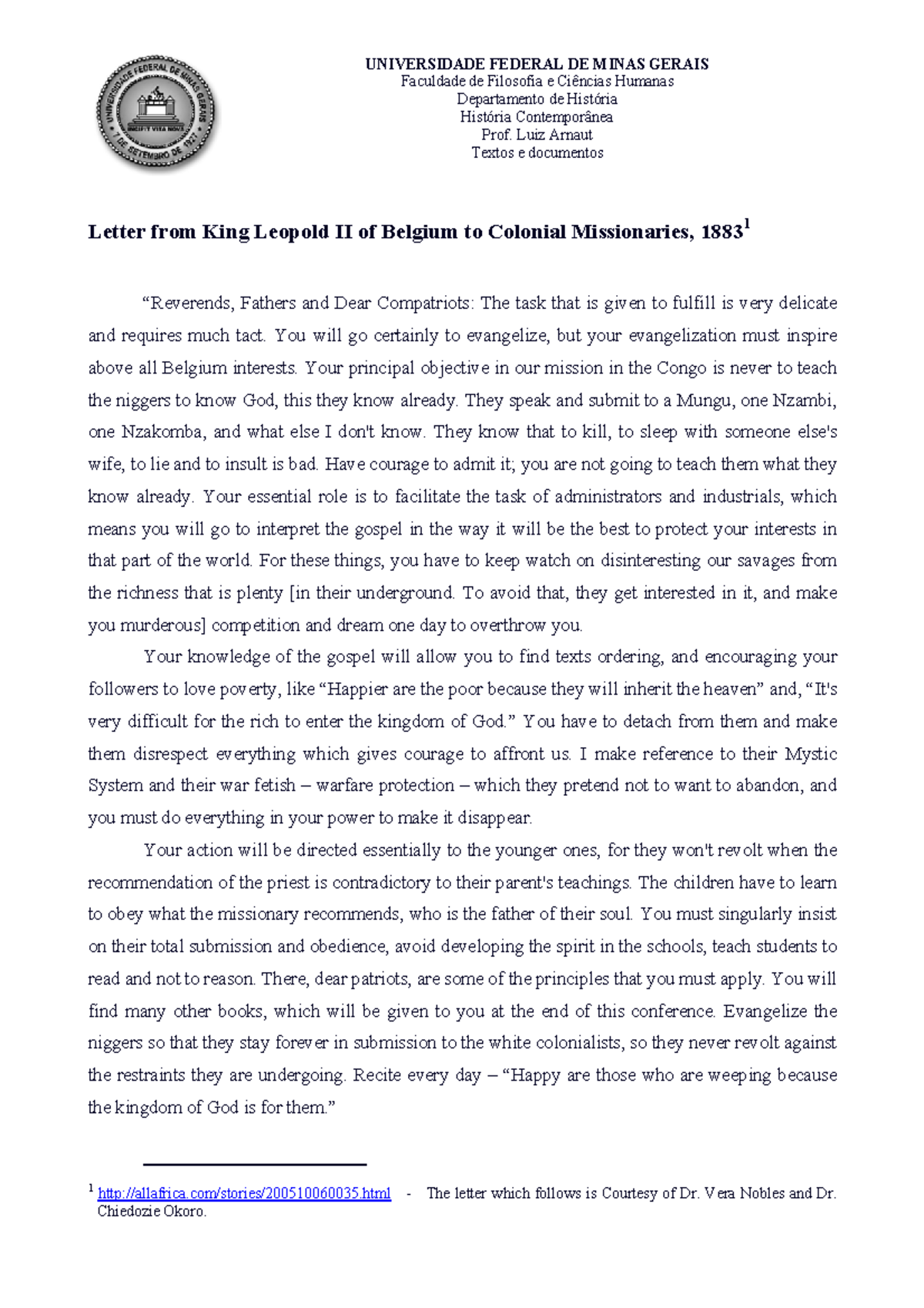 Letter Leopold II to Colonial Missionaries - UNIVERSIDADE FEDERAL DE ...