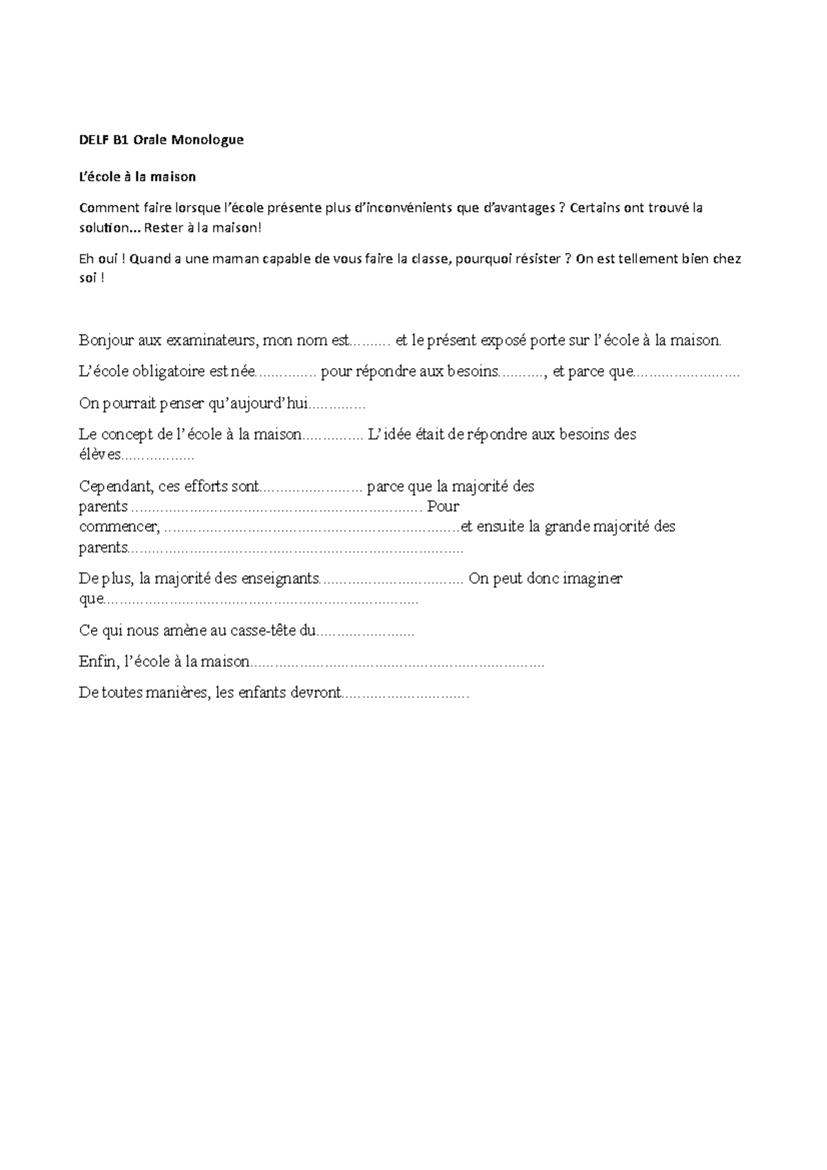 Monologo DELF B1 Orale - dialogo francese - DELF B1 Orale Monologue L ...