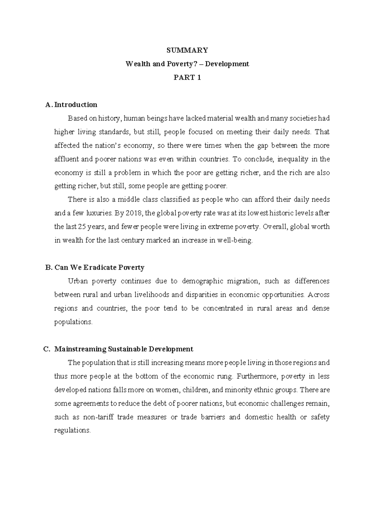 Global Issues - Wealth vs Poverty Development Summary 1 - SUMMARY ...