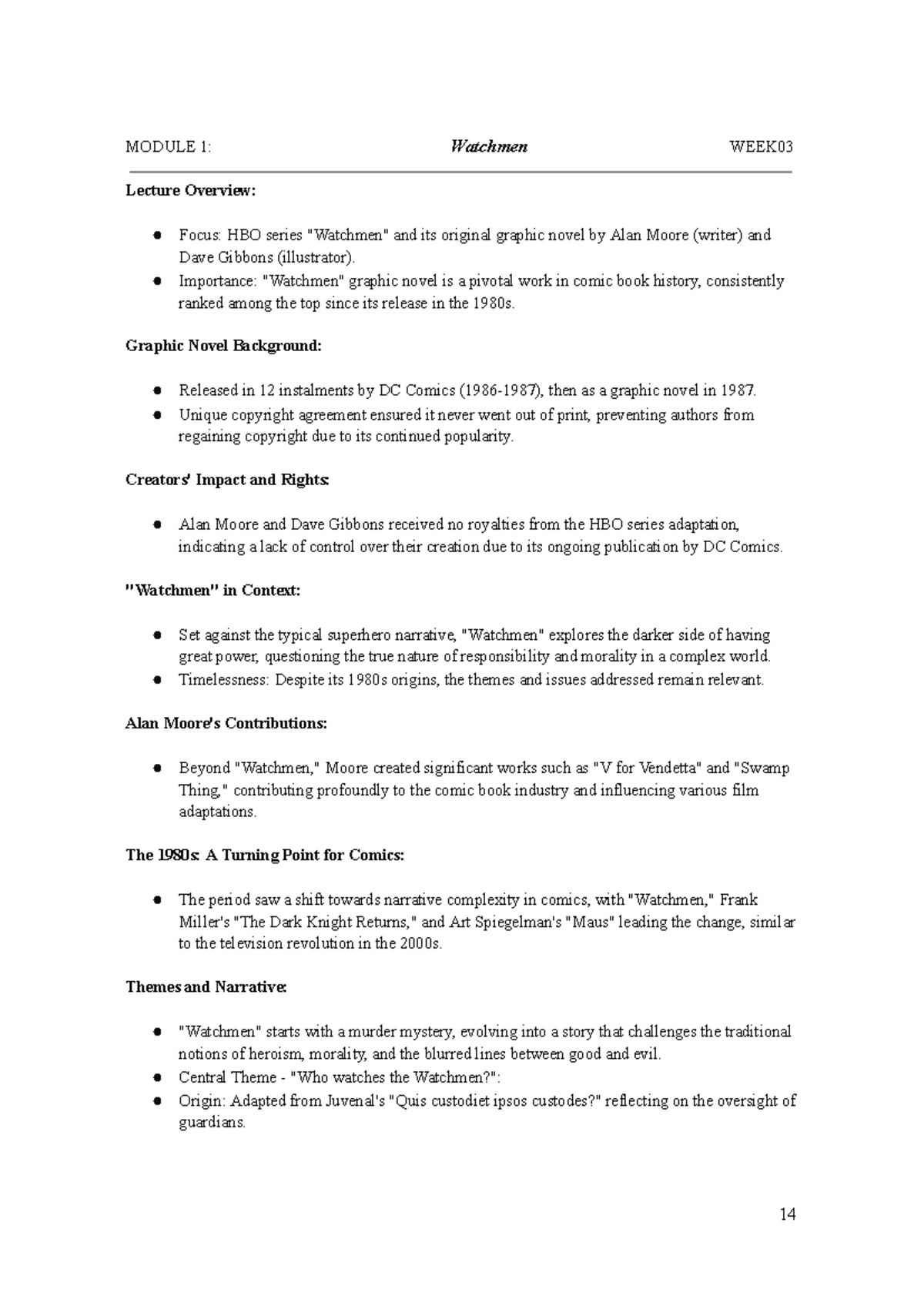 ENGL2030 Lecture Notes WK 3 - MODULE 1 : Watchmen WEEK 03 Lecture ...