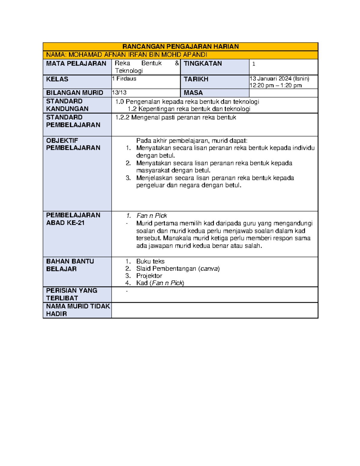 RPH RBT TINGKATAN 1 - RANCANGAN PENGAJARAN HARIAN NAMA: MOHAMAD AFNAN ...