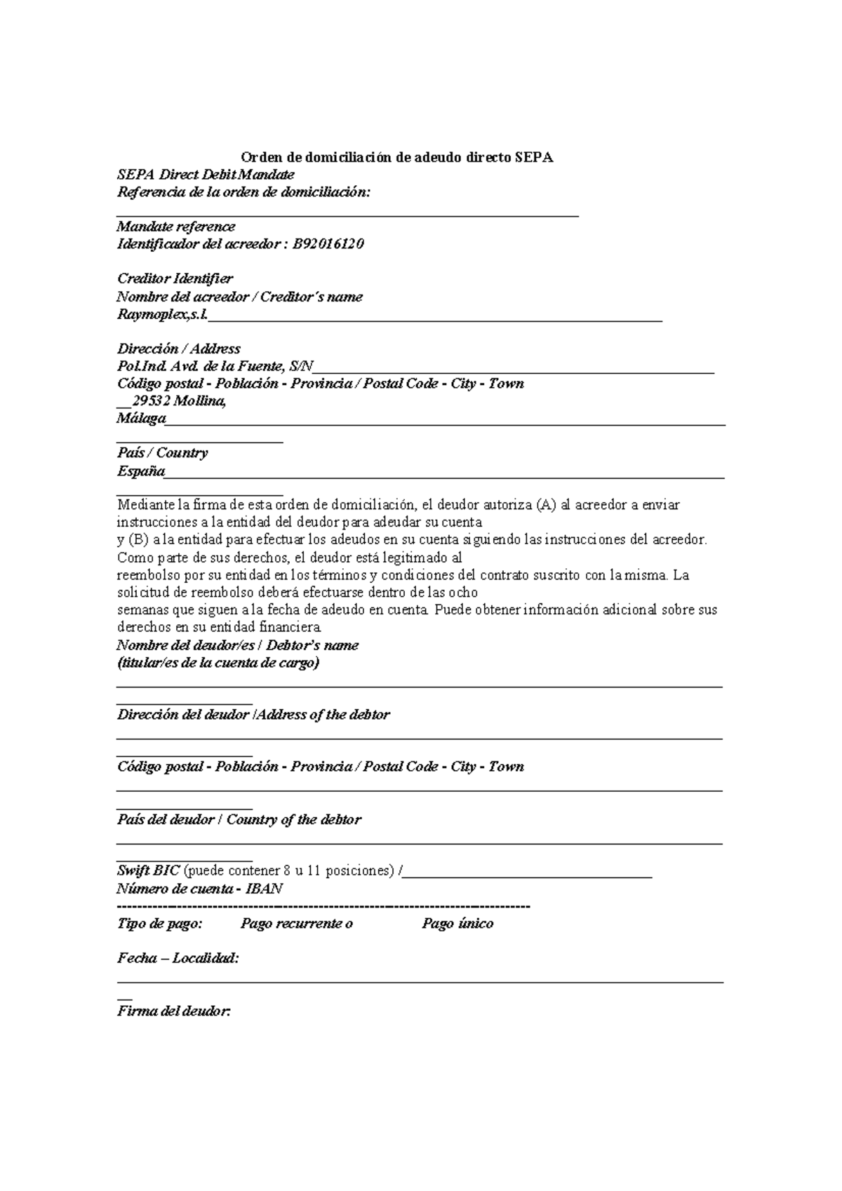 DOC. SEPA - TEMARIO 1-5 - Orden de domiciliación de adeudo directo SEPA ...