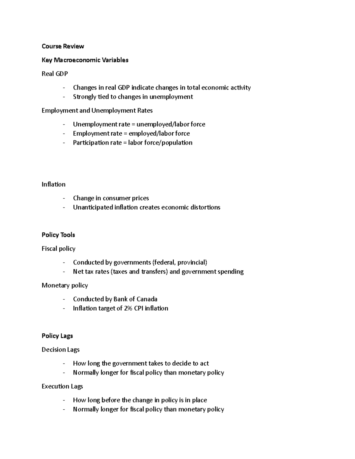 EC140 Course Review - Course Review Key Macroeconomic Variables Real ...