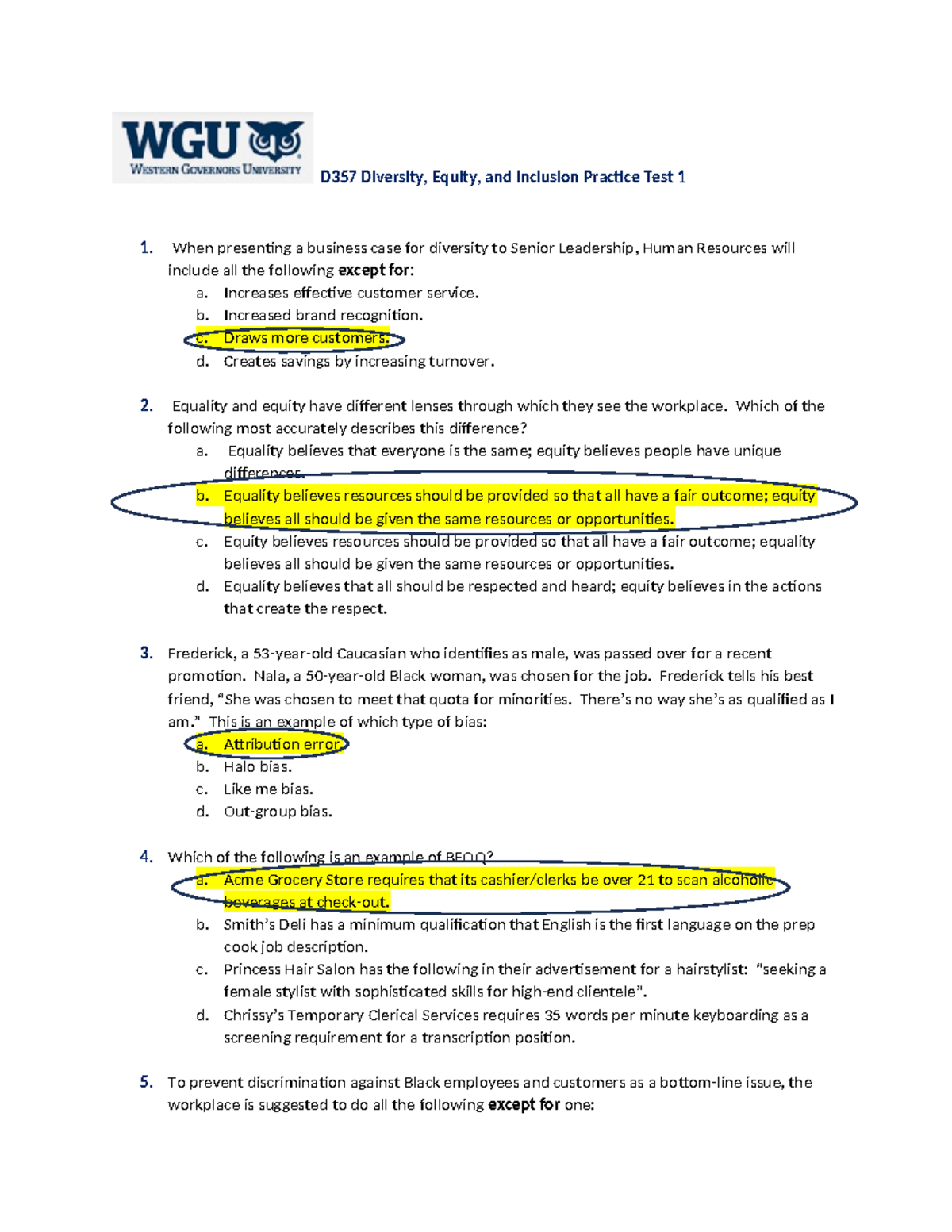 D357 DEI 35 question practice test 1 of 2 - D357 Diversity, Equity, and ...