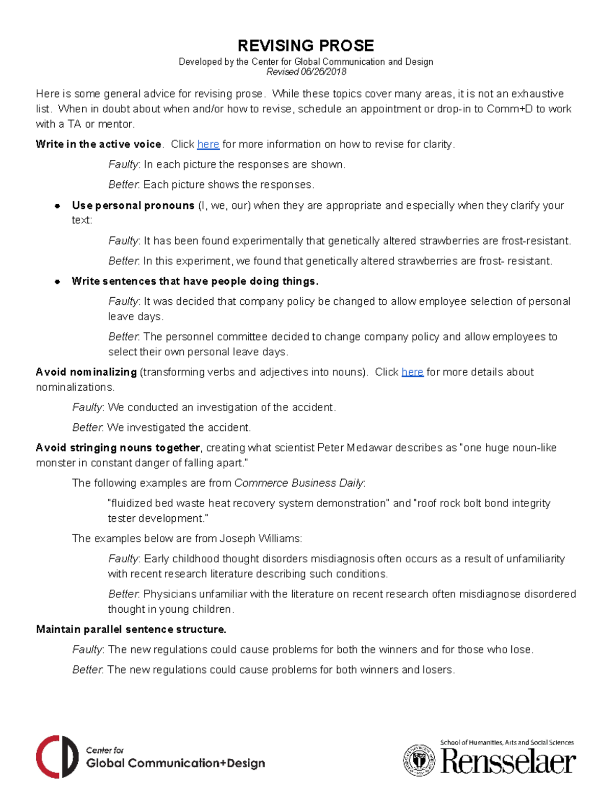Exercises for grammar - REVISING PROSE Developed by the Center for ...